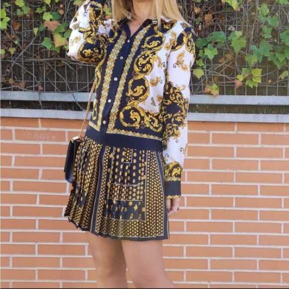 Zara | Dresses | Zara Versace Inspired Pleated Button Front Long Sleeve ...